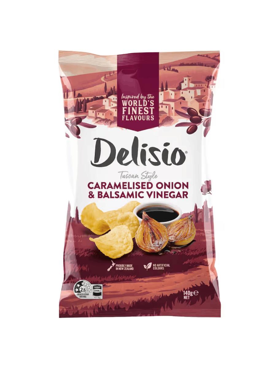 DELISIO POTATO CHIPS CARAMELISED ONION& BALSAMIC VINEGAR 140G – Village ...